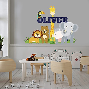 waldo Custom Name Jungle Animals - Baby Boy Girl Wall Decal - Animals Wall Decor - WD30. Zoo Theme Wall Decal Removable Nursery Wall Decal for Kids Room - Animals Name Sticker