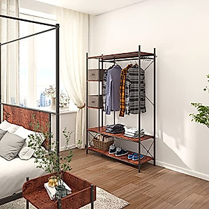 Ama Maker Metal Clothes Garment Rack With Shelves Heavy Duty Hanging Rod Free Standing Closet Rack and Shelving Black With Wood Board Wardrobe