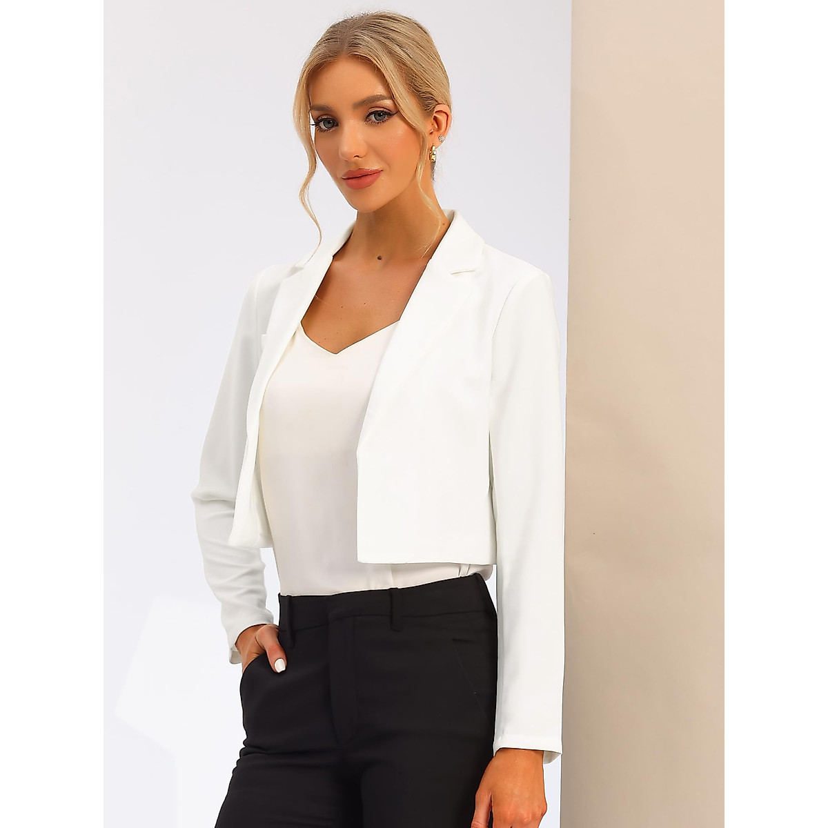 Allegra K Women's Lapel Collar Open Front Cardigan Office Work Business Casual Cropped Blazer Jacket Small White
