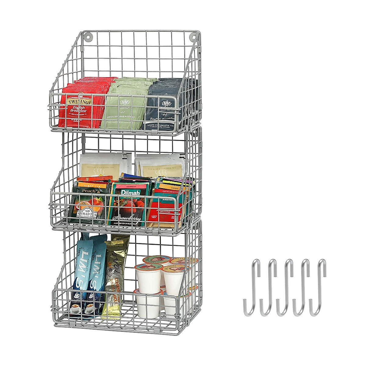 3 Tier Stackable Tea Bag Organizer with 5 Hooks Metal Wire Basket Coffee Condiment Snack Rack Holder Countertop Caddy Bin Wall Mount Shelf for Office Kitchen Cabinet Pantry-Silver Patent Desgin