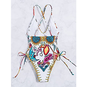 OYOANGLE Women's All Over Print Plunge Neck Cross Back High Cut Lace Up One Piece Swimsuit Multicolor Print L
