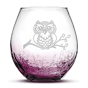 Integrity Bottles Resting Owl Design Stemless Wine Glass, Handmade, Handblown, Hand Etched Gifts, Sand Carved, 18oz (Crackle Purple)