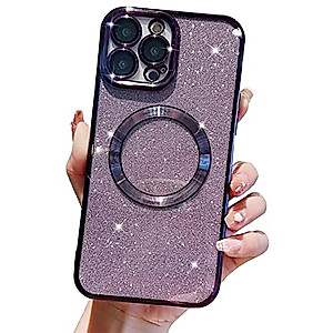 Eiyikof Compatible with iPhone 13 Pro Max Magnetic Case [Compatible with MagSafe] with Camera Lens Protector, Luxury Plating Cute Glitter Bling Clear Case for Women Girls Soft TPU Cover（Purple）