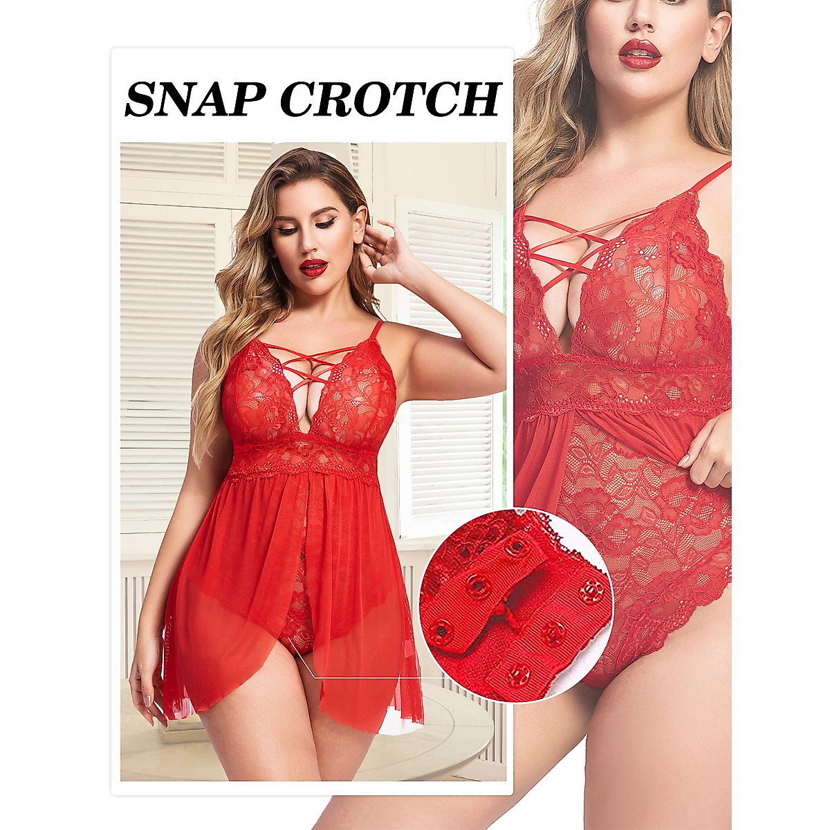 Avidlove Lingerie for Women Lace Babydoll Sleepwear Boudoir Outfits Plus Size Langeray Nightwear (Red, 4XL)