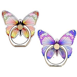 2 Pcs Butterfly Cell Phone Ring Holder Finger Ring Grip Stand 360° Rotation Cute Butterfly Pattern Painted Metal Finger Stand Kickstand Compatible with Smartphone Tablet E-Reader Etc