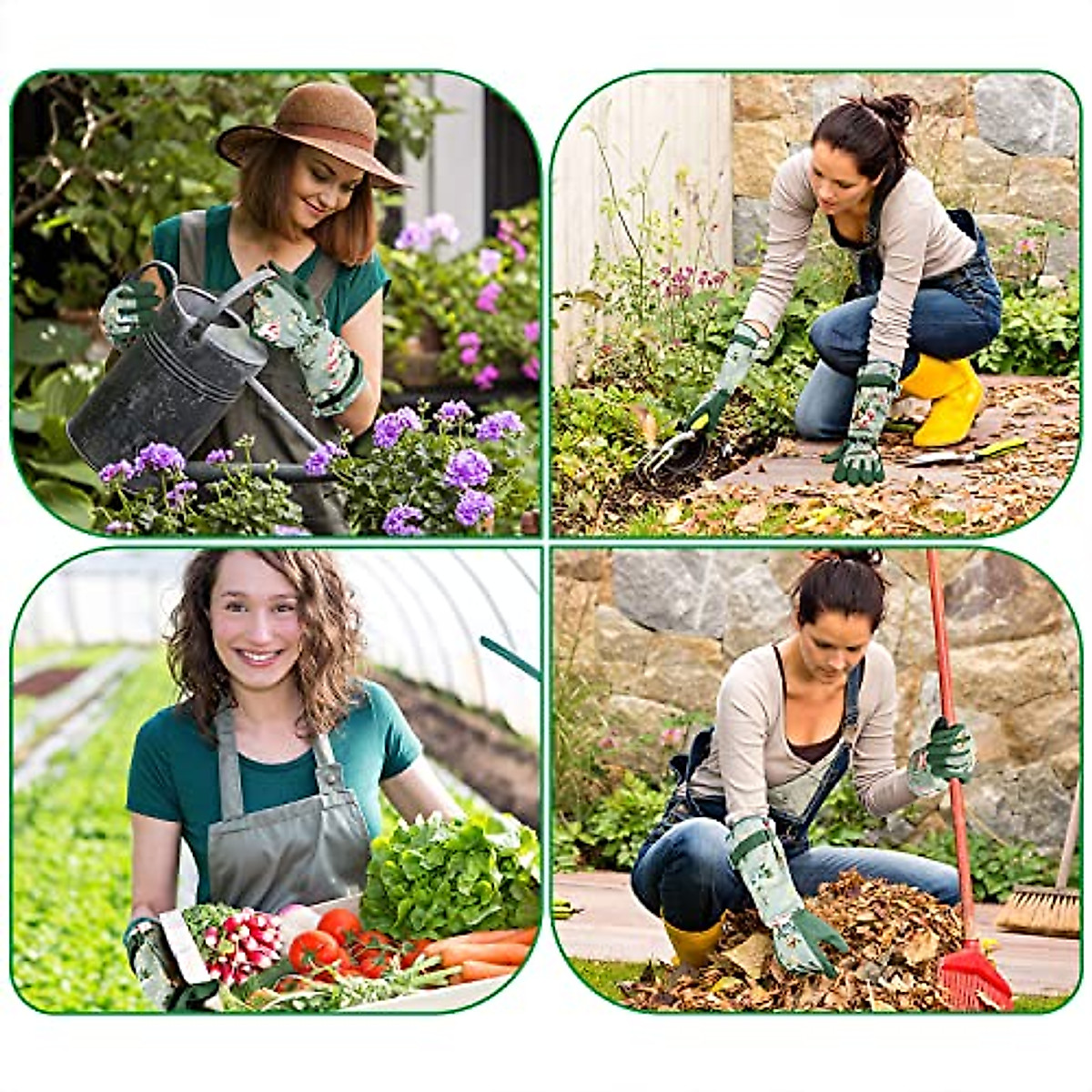 WANCHI Gardening Gloves, Durable and Comfortable Women's Long Garden Gloves for Gardening Work and Yard Work, Leather Gardening Gloves for Women, Green Print (Medium)