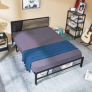 Alecono Heavy Duty Full Metal Bed Frame with Wood Headboard, Non-Slip Sturdy Steel Bed Platform Mattress Foundation No Box Spring Needed, Black