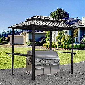 8'X6' Grill Gazebo Hardtop, Steel Grill Gazebo with Two Shelves Serving Tables, Permanent Double Roof Hard Top Gazebo, Heavy Duty Aluminum BBQ Gazebo for Patio, Deck, Backyard and Garden (Grey)