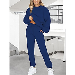 KANSOON Women Sweatsuits Sets Two Piece Outfits Long Sleeve Round Neck Top Sweatpants Tracksuits Sets Loungewear Blue M