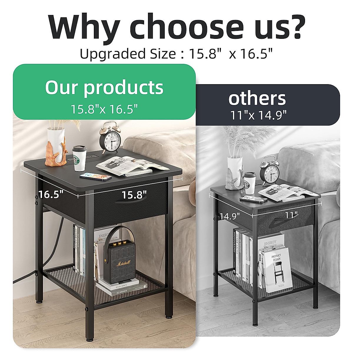 GYIIYUO Nightstands Set of 2 with Charging Station and Fabric Storage Drawer,16.5" x 15.8" Side Table with Storage for Bedroom, Bedside Tables with Steel Fram, Black