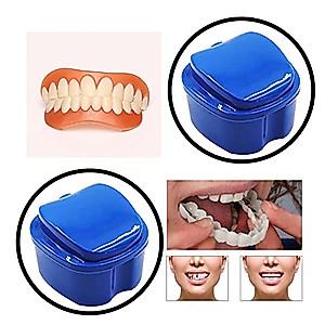 LaXon False Teeth Storage Box Holder, Portable PP Denture Bath Case with Strainer Basket, Use for Storing Dentures,Braces,Jewelry,Pacifiers,Dark Blue