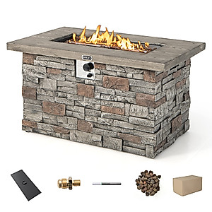 Tangkula 50,000 BTU Propane Fire Pit Table, Patiojoy 43.5 Inch Rectangle Fire Table with Faux Stone Surface, Outdoor Gas Fire Pit Table with Stainless Steel Burner, Waterproof PVC Cover, Lava Rocks