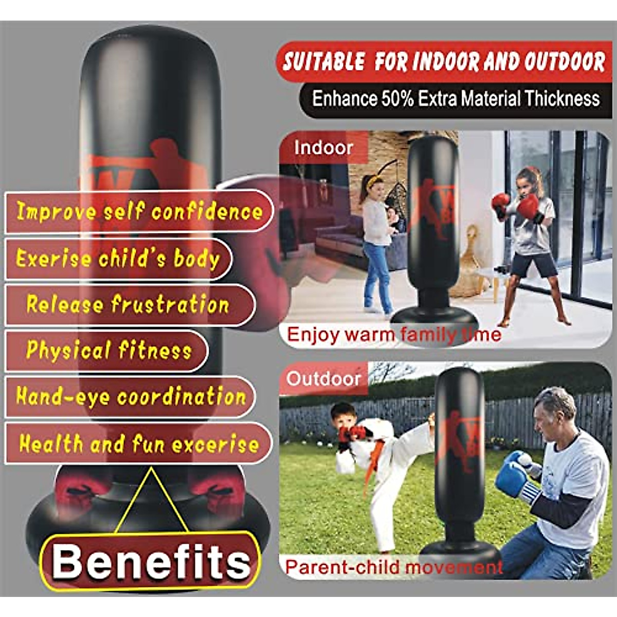 LQMOSU Inflatable Punching Bag for Kids and Adult - 63" Freestanding Extra Large Boxing Bag with Air Pump Karate & MMA Gifts, Stocking Stuffers for Boys Girls Men