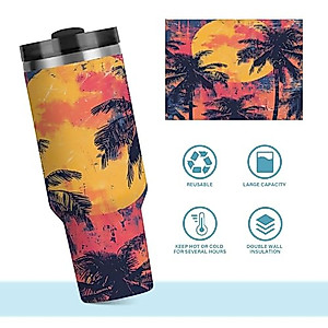 FRCSDIY Coconut Trees and The Sun Insulated Tumbler with Handle and Straw Lid,30oz Leakproof Stainless Steel Cup BPA-Free Water Bottle