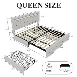 Forrise Bed Frame Queen Size with Storage Drawers and LED Light, 2 Sockets and 2 USB Ports, Adjustable Headboard with PU Leather Upholstered, No Box Spring Needed, Wooden Slats Support, White.