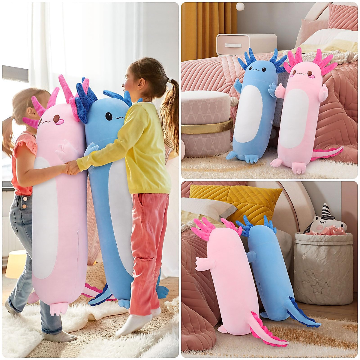 Auspicious beginning 35.4inch Cute Axolotl Stuffed Animal Plush Pillow, Soft Kawaii Cat face Newt Plush Toy Body Pillow Gifts (Pink Salamander)