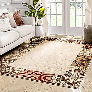Verdant Vines Beige Modern Damask Border Rug 3x5 4x6 (3'11" x 5'3") Casual Oriental Easy Clean Stain Fade Resistant Shed Free Contemporary Floral Formal Gradient Soft Living Dining Room Rug