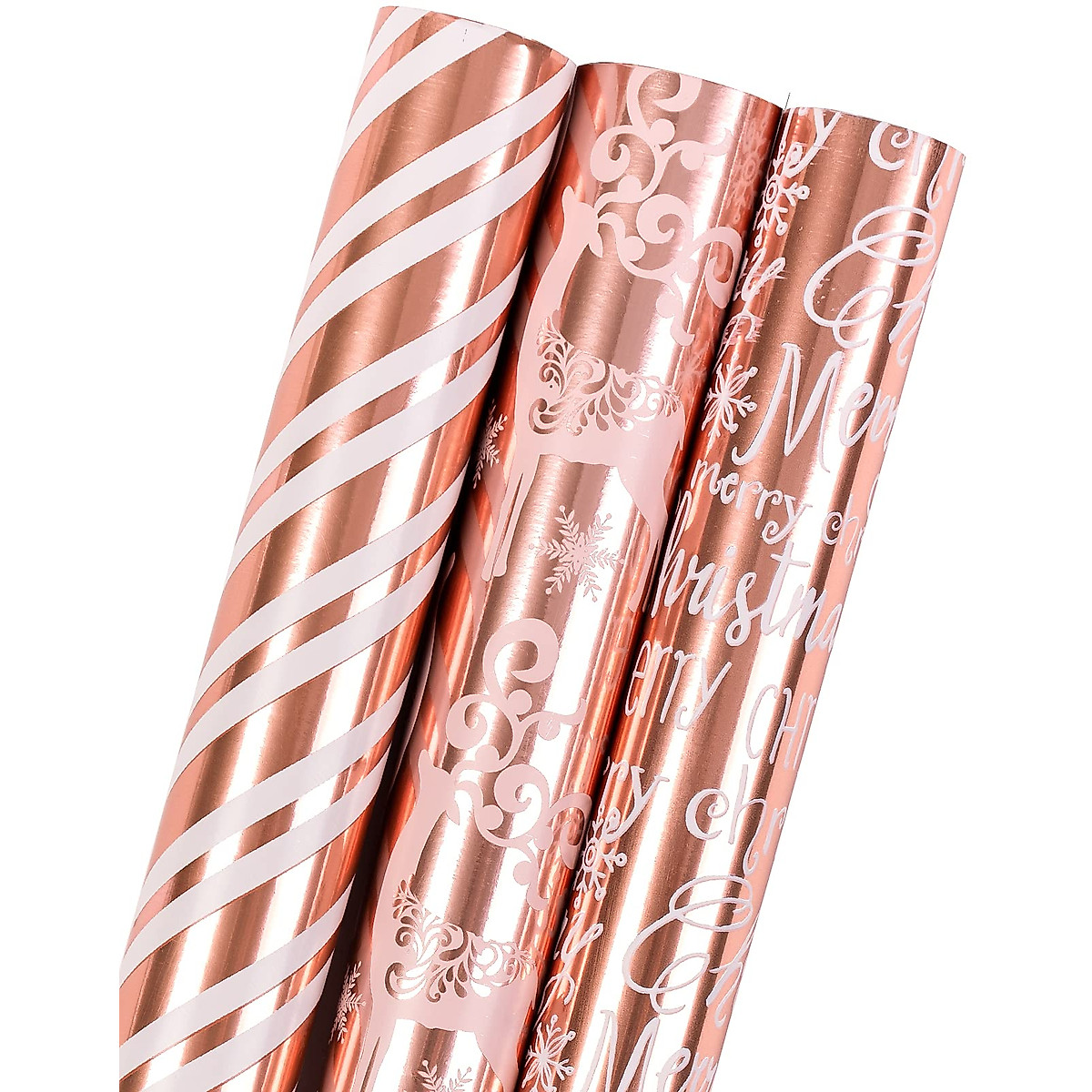 MAYPLUSS Christmas Wrapping Paper Roll - Mini Roll - 17 inch X 120 inch Per roll - 3 Different Rose Gold Design with Glitter Metallic Foil Shine (42.3 sq.ft.ttl)