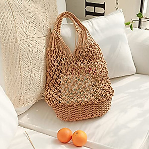 NIBD Women's Beach Straw Handbag Woven Tote Fishing Net Beach Bag Large Capacity Mesh Rope Combination Handbag (A)