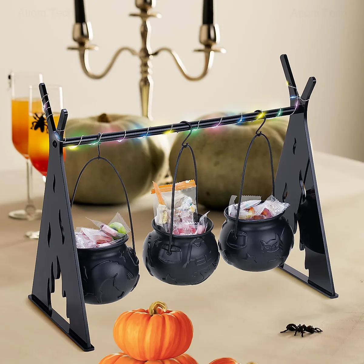 NiHome Halloween Witch Cauldron Mini Set with LED Fairy Lights & Flame-Patterned Stand for Candy, Décor & More, Multi-Occasion Centerpiece Glossy Black Bowls for Halloween, Birthdays, Themed Parties
