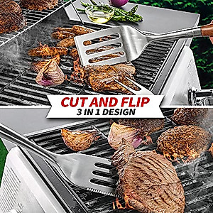 GRILAZ Heavy-Duty Rose Wooden BBQ Grilling Tools Set. Extra Thick Stainless Steel Multi-Function Spatula, Fork & Tongs | Essential Accessories for Barbecue & Grill. Ideal Gift for Father