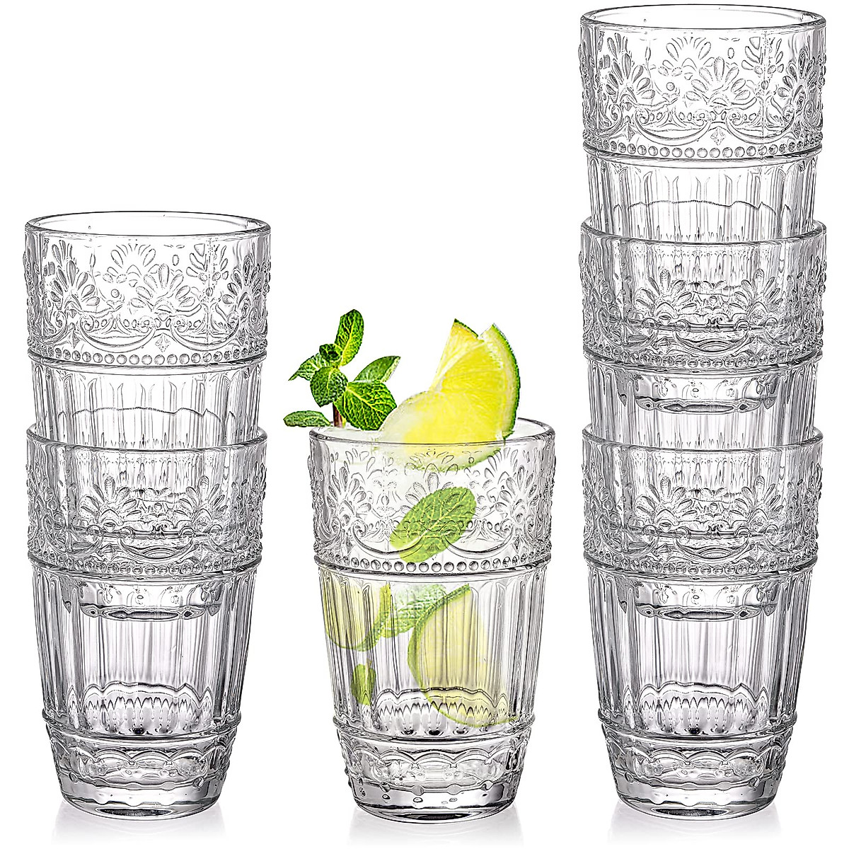 AVLA 6 Pack Romantic Water Glasses, 12 OZ Drinking Glasses Tumblers, Vintage Iced Coffee Glassware Set, Premium Bar Drinkware Cup for Beverages, Tea, Juice, Whiskey, Cocktail, Embossed Design