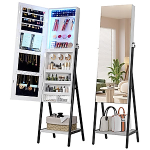 LVSOMT 3 LEDs Mirror Jewelry Cabinet, 42.5" Jewelry Mirror with Full Lenght Mirror, Standing Jewelry Mirror Armoire, Mirror with Storage for Jewelry Cosmetics, White