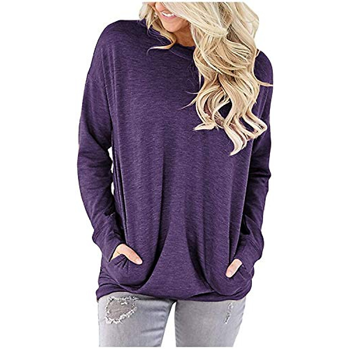 LaLaLa Womens Sweatshirts with Pockets Crewneck Casual Cotton Long Sleeve Tunic Top Shirts with Leggings (Medium,Purple)