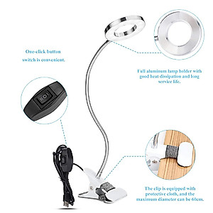 Desk Lamp Clip on Light, USB Powered LED Desk Lamp, Reading Light, Round Ring Arm Flexible Swing Eye Protection Eye Caring Small Lamp for Bed Headboard Reading Makeup Eyebrow
