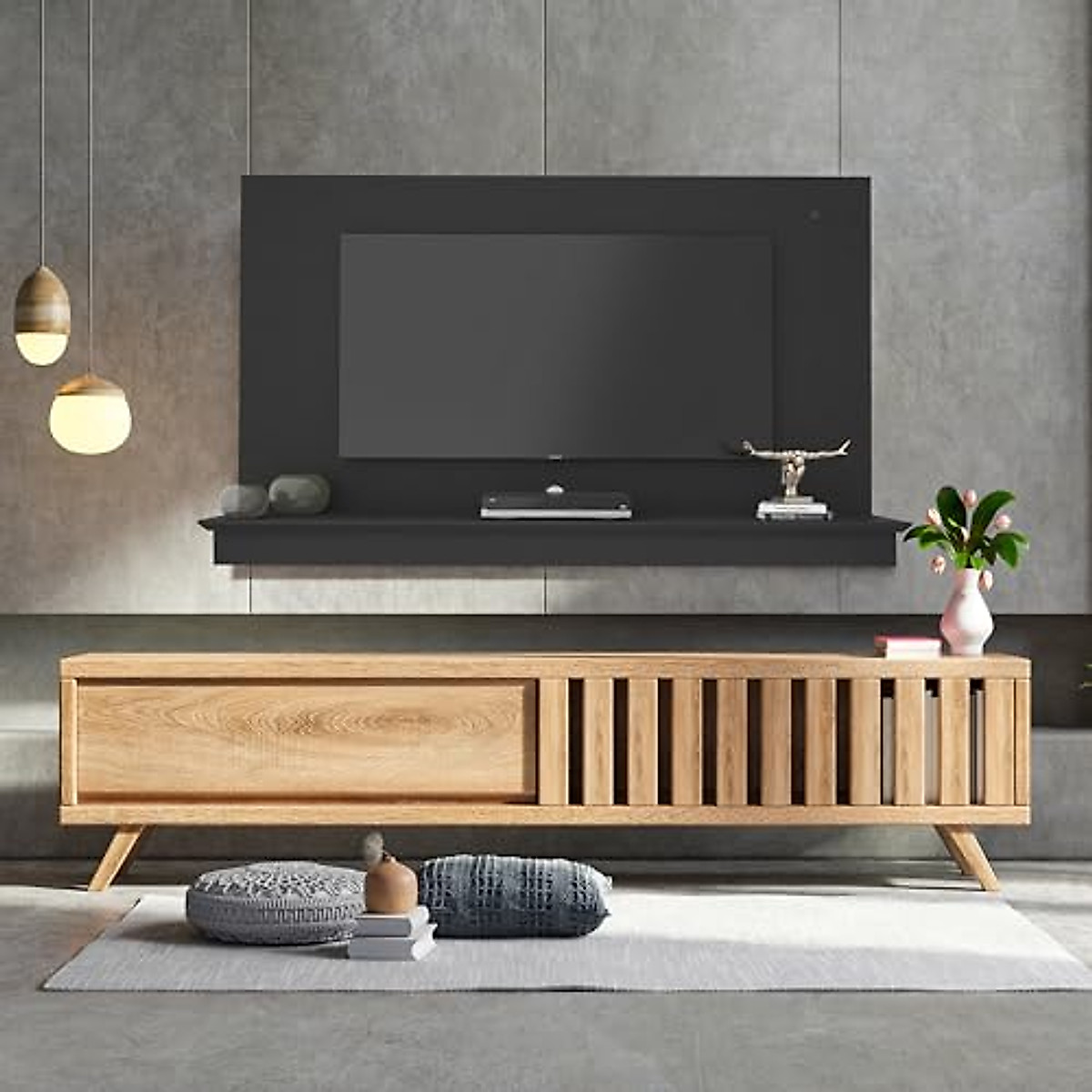 Naomi Home Deborah Floating Entertainment Center for up to 55 inch TVs, TV Wall Panel with LED Strip and Shelf, Floating TV Stand, Black