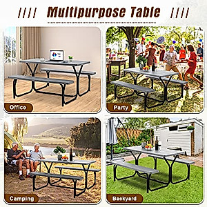 Haddockway Picnic Table Bench Set Patio Camping Table with All Weather Metal Base and Plastic Table Top Outdoor Dining Garden Deck Furniture for Adult Grey