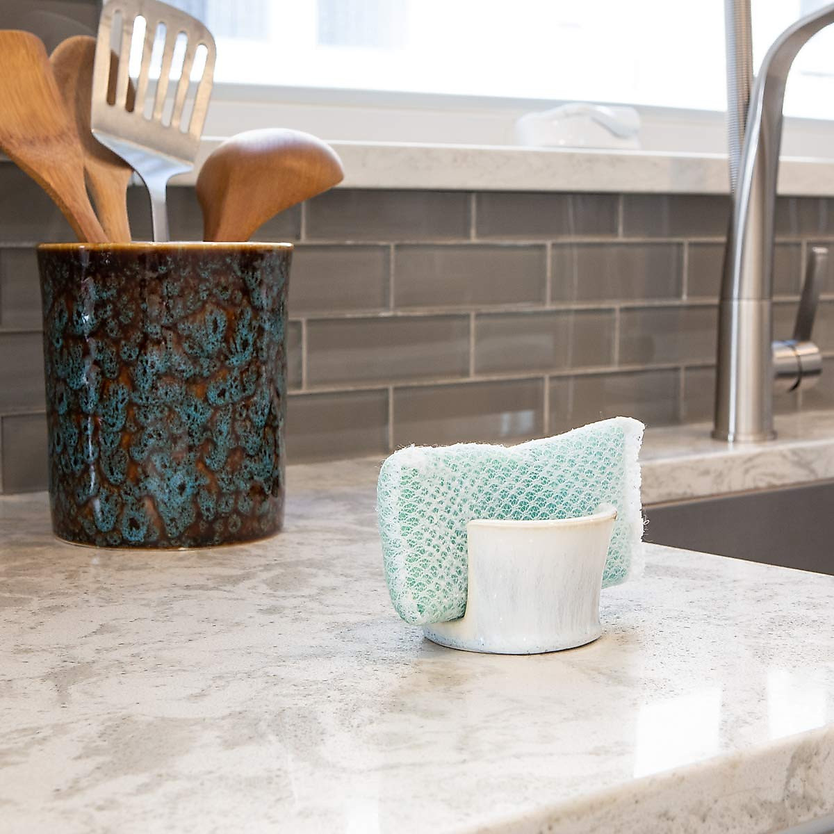 Ceramic Dish Sponge and Scrubby Holder - Caddy - Drainer for Kitchen Sink | Decorative | Allows Sponge to Dry | Helps Reduce The Odor of Stinky Sponges | Bar Soap Holder for Sink (Marbled White)