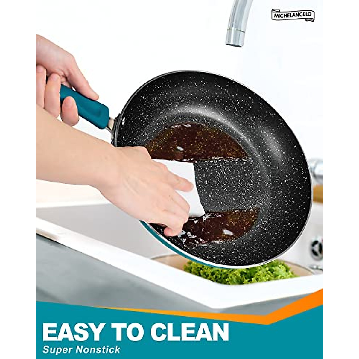 MICHELANGELO Non Stick Frying Pans Set, 3 Piece Frying Pans Nonstick, Enamel Pan Sets for Cooking Nonstick, 8 Inch, 9.5 Inch and 11 Inch Nonstick Frying Pan Set with Silicone Handle, Cyan