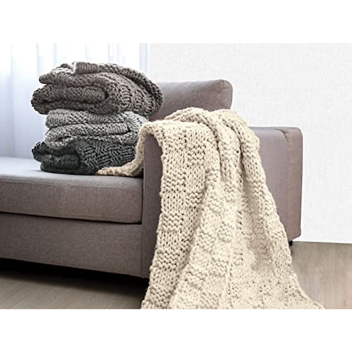 HiEnd Accents Chess Knit Throw, 50x60 inch, Taupe Solid Color, Modern Farmhouse Rustic Style Soft Cozy Warm Luxury Blanket
