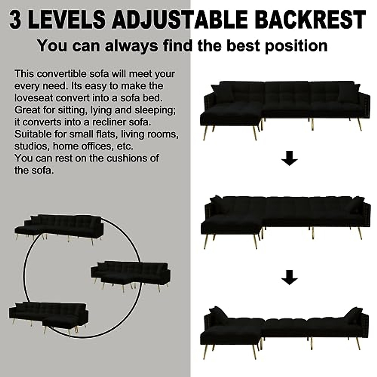 FREESNOOZE 107'' Convertible L-Shaped Velvet Sleeper Sofa Bed Living Room Sectional Sofa with Removable Ottoman and Tapered Metal Legs, Black