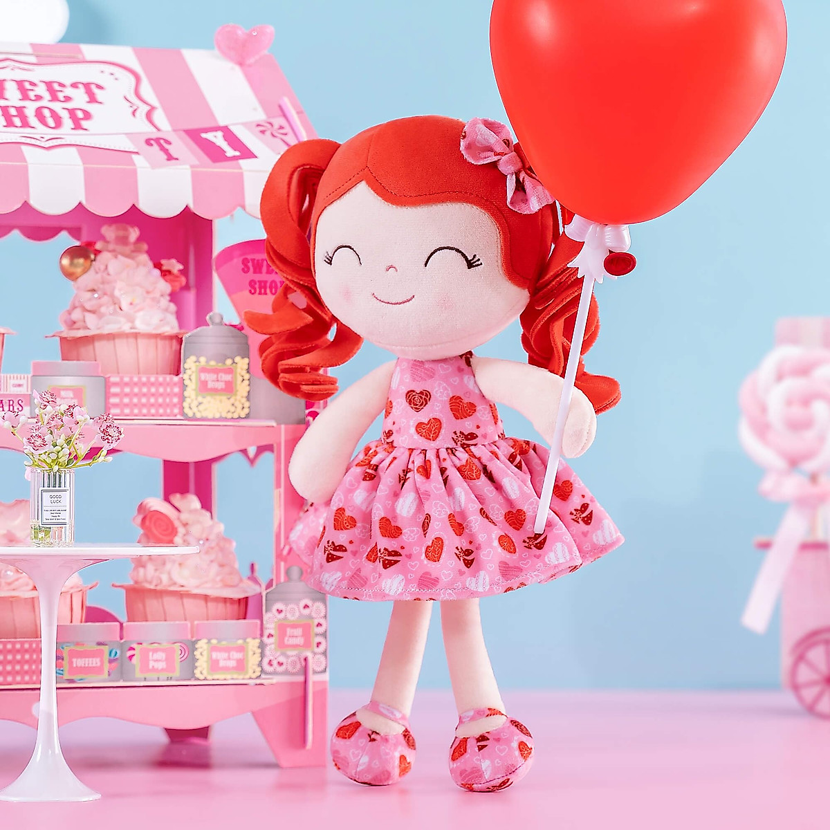 Gloveleya Soft Dolls Plush Figure Key Chain Curly Hair Red Hair Heart Dress Baby Doll 12inches