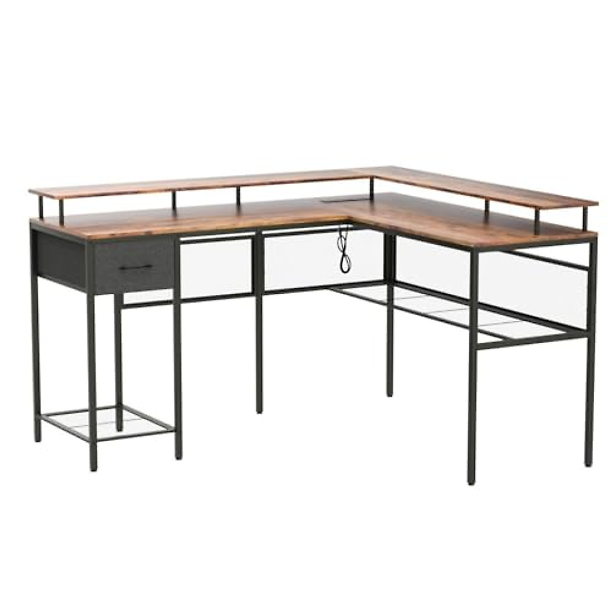 Huuger L Shaped Desk Computer Desk with LED Lights & Power Outlets, Gaming Desk with Storage Shelves, Corner Desk Home Office Desk, Rustic Brown