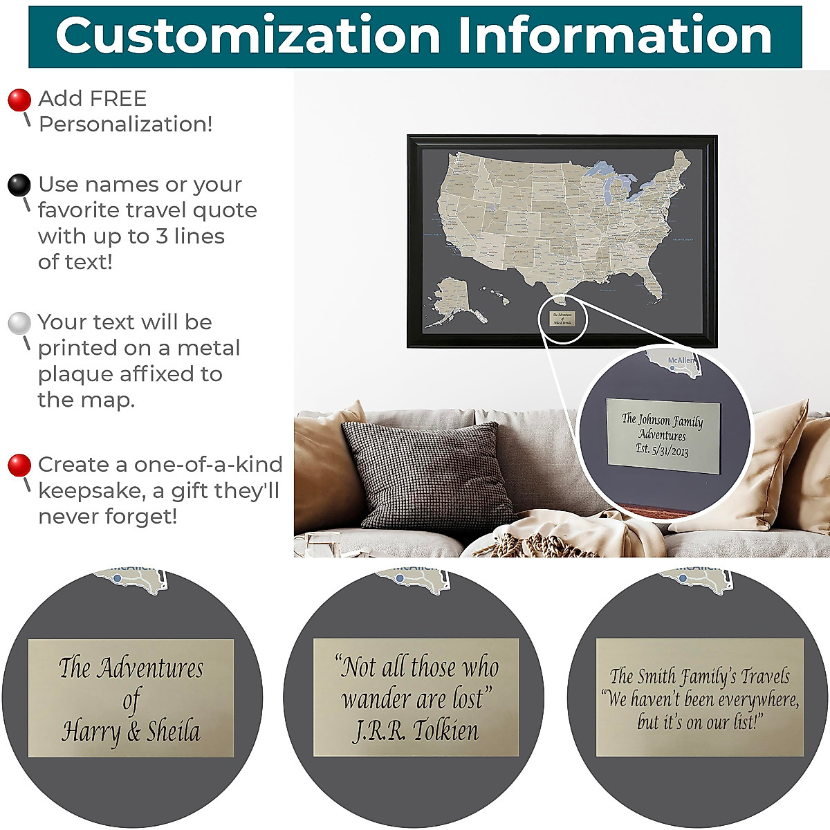 Push Pin Travel Maps Customizable Wall Art - Earth Toned US - Barnwood Gray - Personalized Framed Pin Map, Includes 150 Pins - Handcrafted in USA - 27.5" x 39.5"