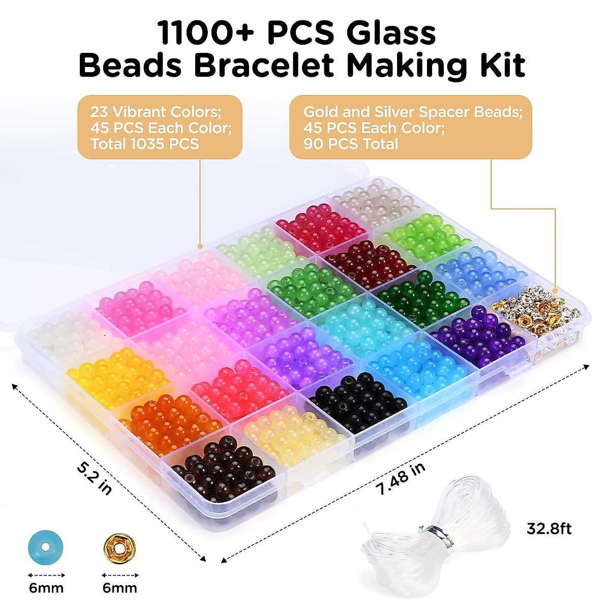 Yelofesh 1100PCS 6mm Glass Beads for Jewelry Making, 24 Vibrant Colors Crystal Round Glass Beads for Bracelets, Complete Bracelet Making Sets for Girls DIY Crafts & Friendship Bracelets