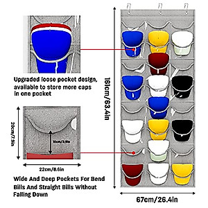 shiningwaner Hat Rack Organizer for Wall/Over The Door, Baseball Cap Organizer with 24 Clear Deep Pockets, Closet Hat Storage Organizer Hanging with Over Door Hooks, Light Grey