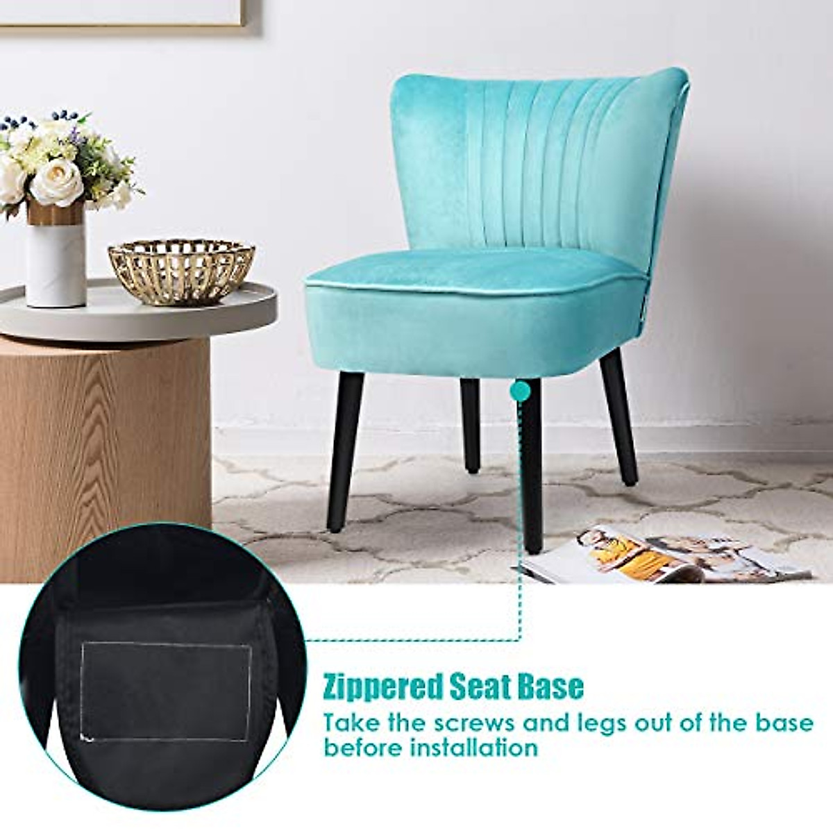 Giantex Set of 2 Velvet Accent Chair, Upholstered Modern Leisure Club Chairs w/Solid Wood Legs, Thick Sponge Seat, Adjustable Foot Pads, Armless Wingback Chairs for Bedroom Living Room (2, Turquoise)