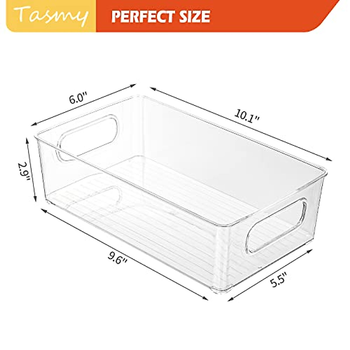 Tasmy Set of 4 Refrigerator Organizer Bins - Stackable Fridge Organizers with Handles for Freezer, Kitchen, Countertops, Cabinets - Clear Plastic Pantry Food Storage Rack, BPA Free