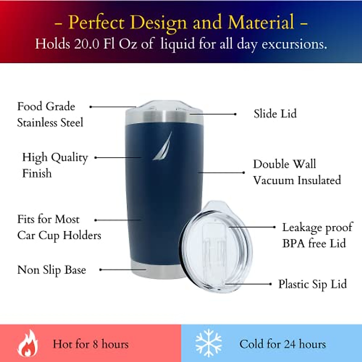 Nautica Coffee Mug Tumbler-Vacuum Insulated Double Wall Travel Cup - To Go Reusable Thermos - Stainless Steel Inside and Outer With Slide Lid 20 OZ-Red