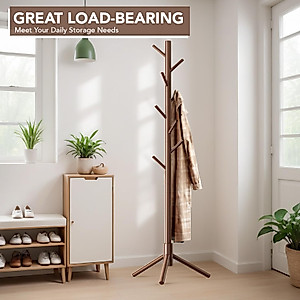 Hupmad Wooden Tree Coat Rack Stand,Sturdy Freestanding Coat Rack with 8 Hooks,3 Adjustable Height for Child Adult,Wood Coat Stand Tree Fits Entryway Bedroom Office for Bags,Hats