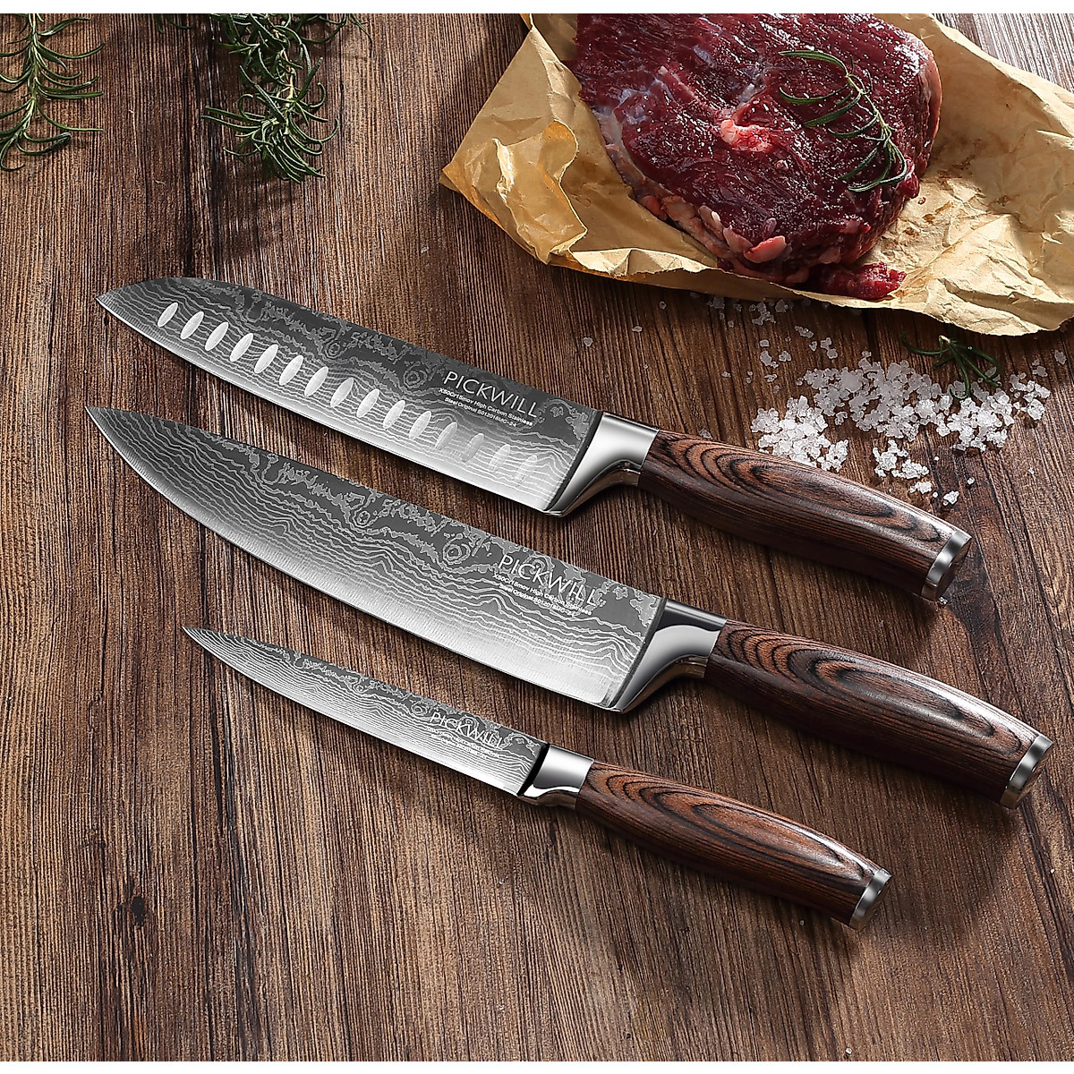 PICKWILL Kitchen Knife Set, 3-Piece Chef Knife Set, Sharp Knives Set with Wooden Handle, High Carbon Stainless Steel Professional Kitchen Knives, Elegant Gift Box for Home or Restaurant