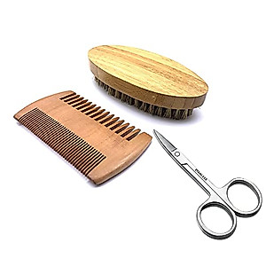 Beard Kit Brush Comb Scissors with Storage Bag Natural Boar Bristle Brush and Dual Action Pear Wood Comb Stocking Stuffers Gift set