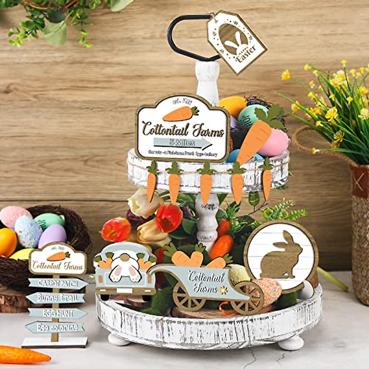 Easter Tiered Tray Decor Spring Table Wooden Sign Decorations Easter Tabletop Farmhouse Signs Carrot Egg Bunny Decor for Easter Party Home Kitchen Holiday (Carrot, 12 Pcs)