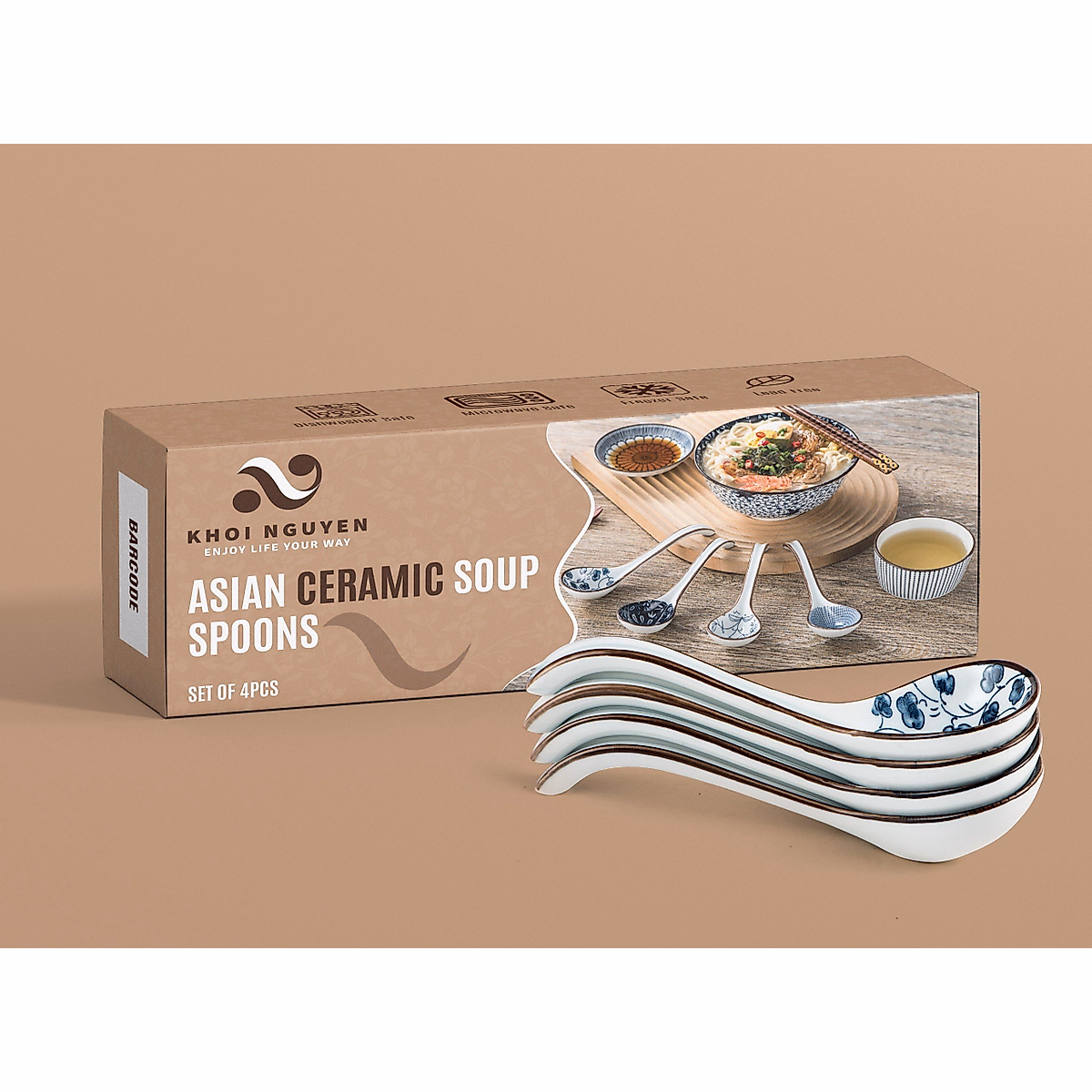 KHOI NGUYEN Soup Spoons Asian Soup Spoon ceramic Pho Spoons Chinese Soup spoons dumpling Japanese Soup Spoons Vietnamese Gifts set Asian Spoons Soup Ramen Korean Thai Wonton Kitchen Utensils Set of 4