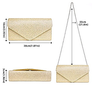 Larcenciel Gold Clutch Purses for Women, Sparkly Sequin Envelope Clutch Evening Bag w/Chain, Gorgeous Shoulder Crossbody Handbags, Shiny Party Prom Purse Bride Wedding Guest Clutch Dress Carry on Bag