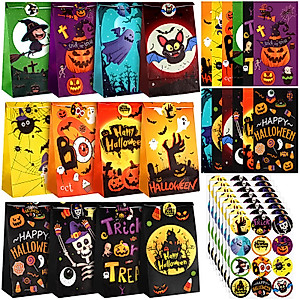 Qilery Halloween Party Favors for Kids with 96 Pieces Halloween Candy Bags Trick or Treat Bulk Halloween Goodie Bags and 96 Pcs Halloween Stickers for Party Supplies Gifts, 12 Styles(Scary Style)